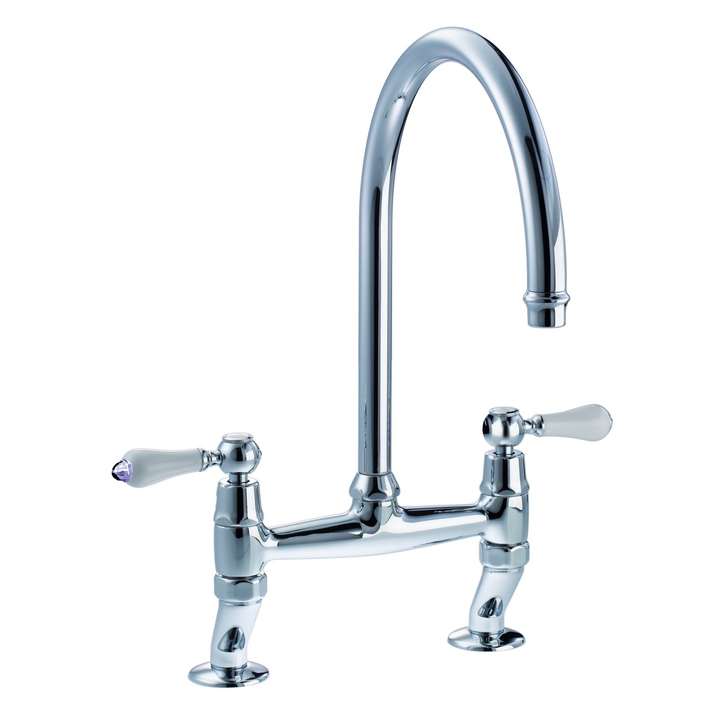 Clearwater Elegance Kitchen Bridge Mixer Tap Chrome, White Levers
