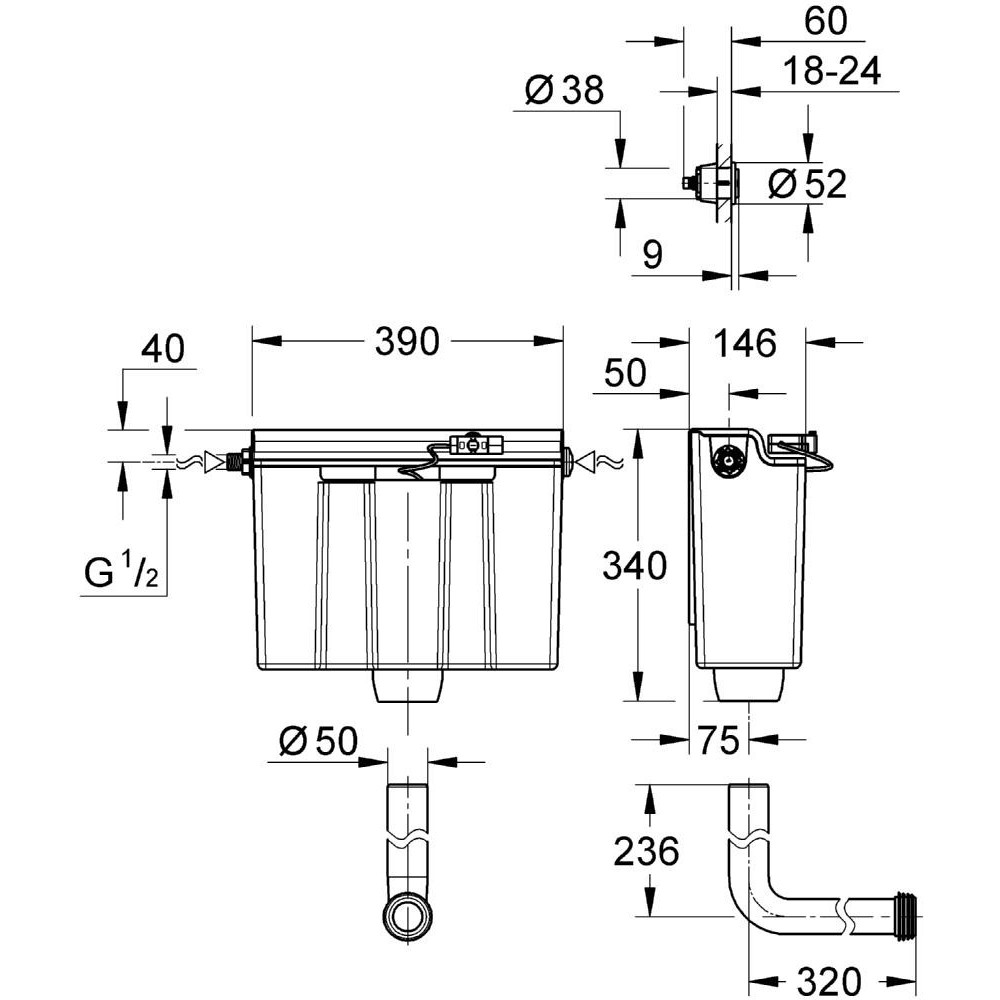 Grohe Concealed Flushing Cistern Dual Flush Side Fill 39054